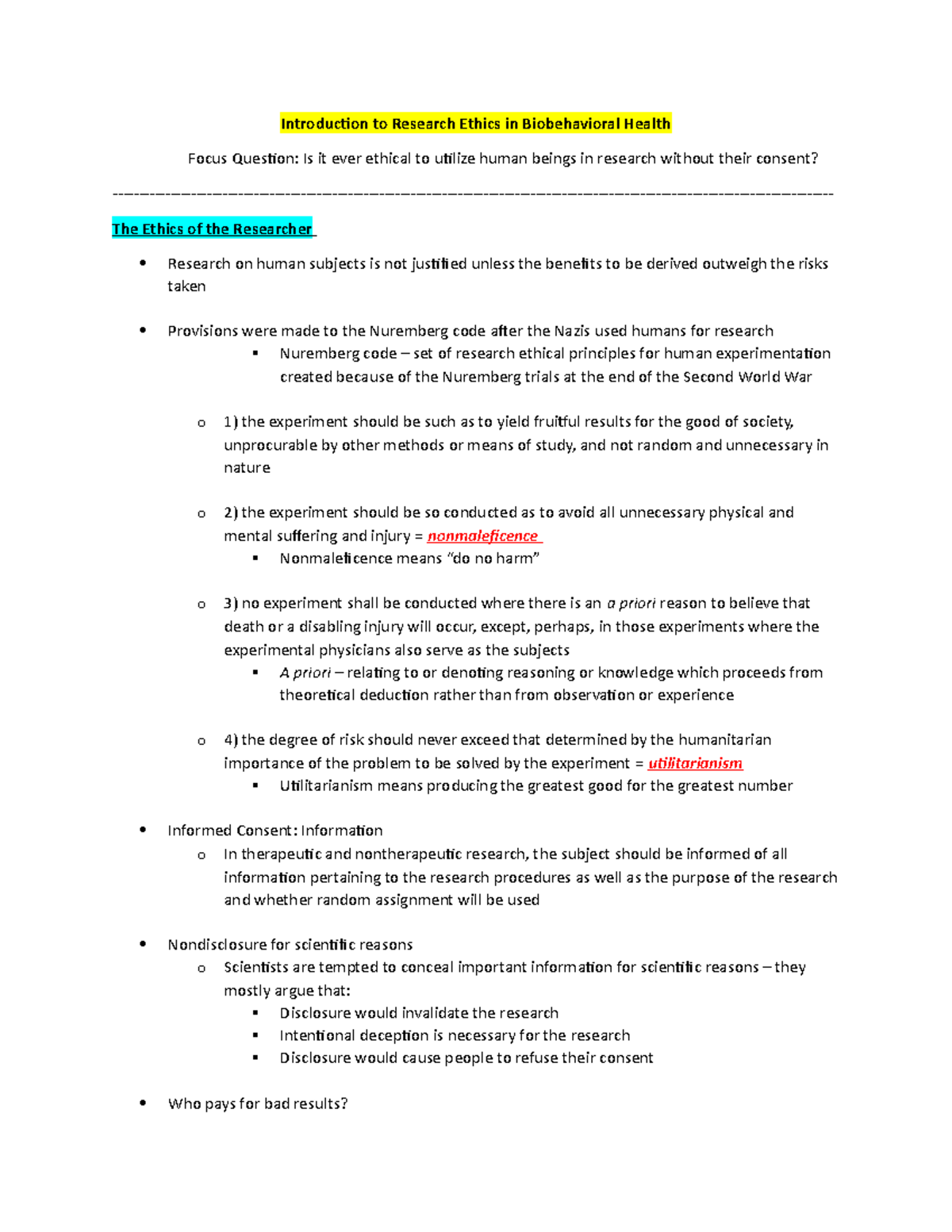 EXAM 3 study guide - Introduction to Research Ethics in Biobehavioral ...