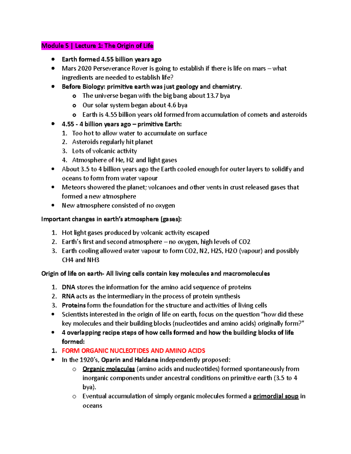 Bio 121 Module 5 Extra Lecture Notes Module 5 Lecture 1 The Origin Of Life Earth Formed 4