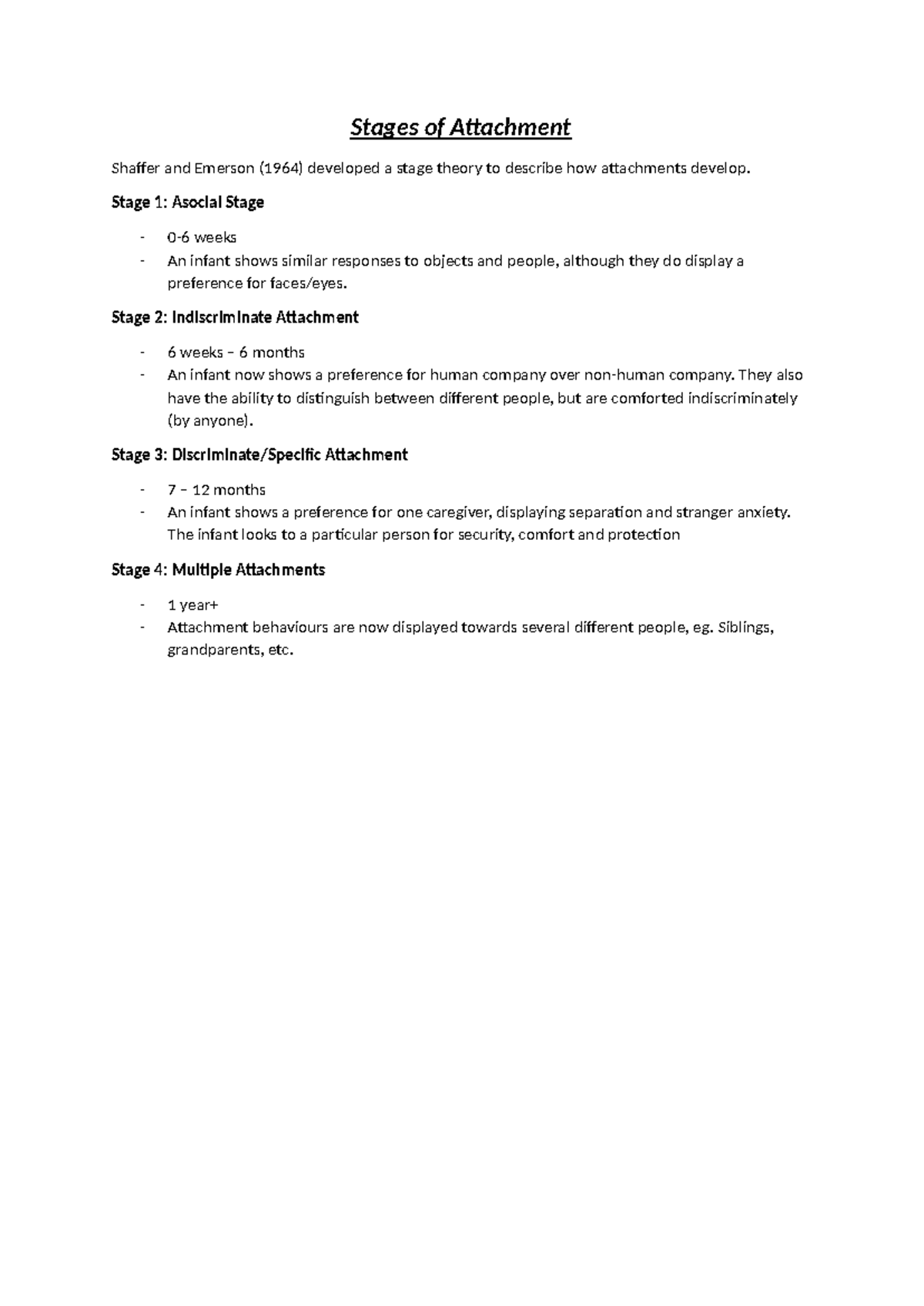 Stages of attachment - Stages of Attachment Shaffer and Emerson (1964 ...