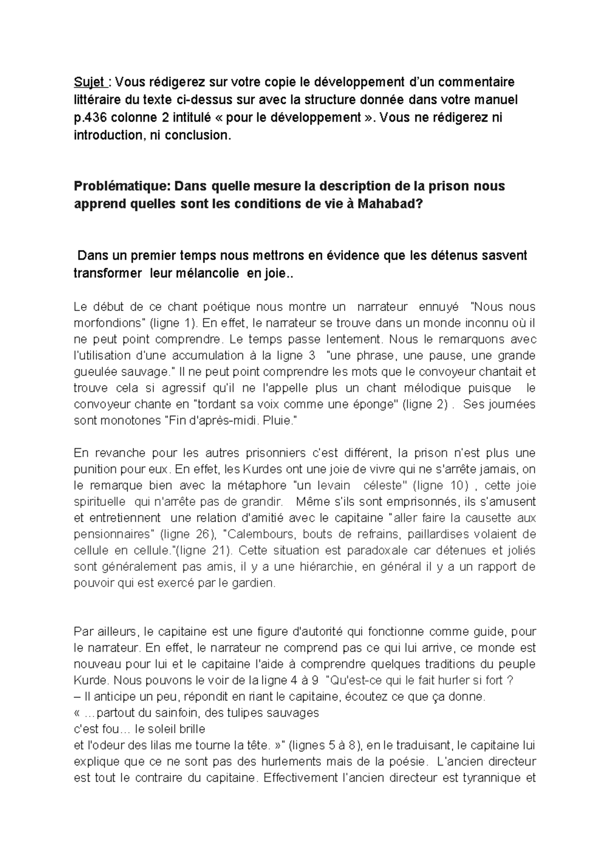 COMMENTAIRE LITTERAIRE - Sujet : Vous rédigerez sur votre copie le ...