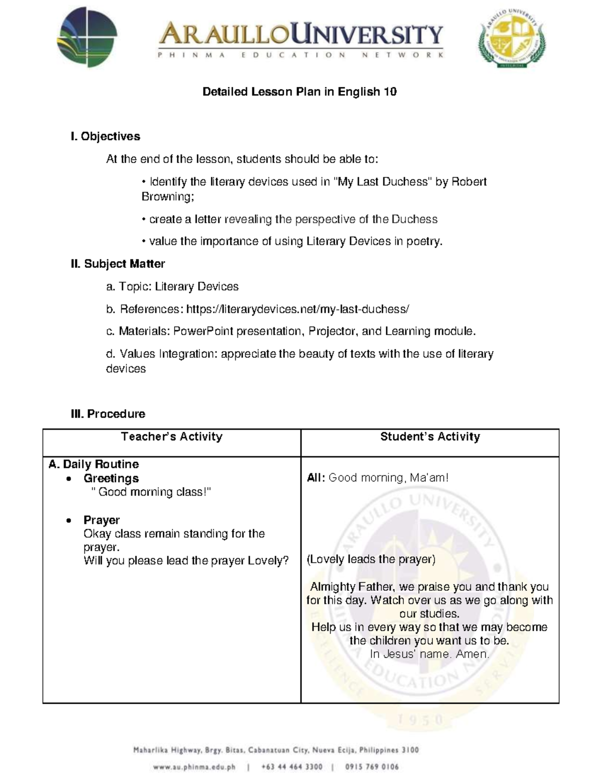 Detailed Lesson PLAN - Detailed Lesson Plan in English 10 I. Objectives ...