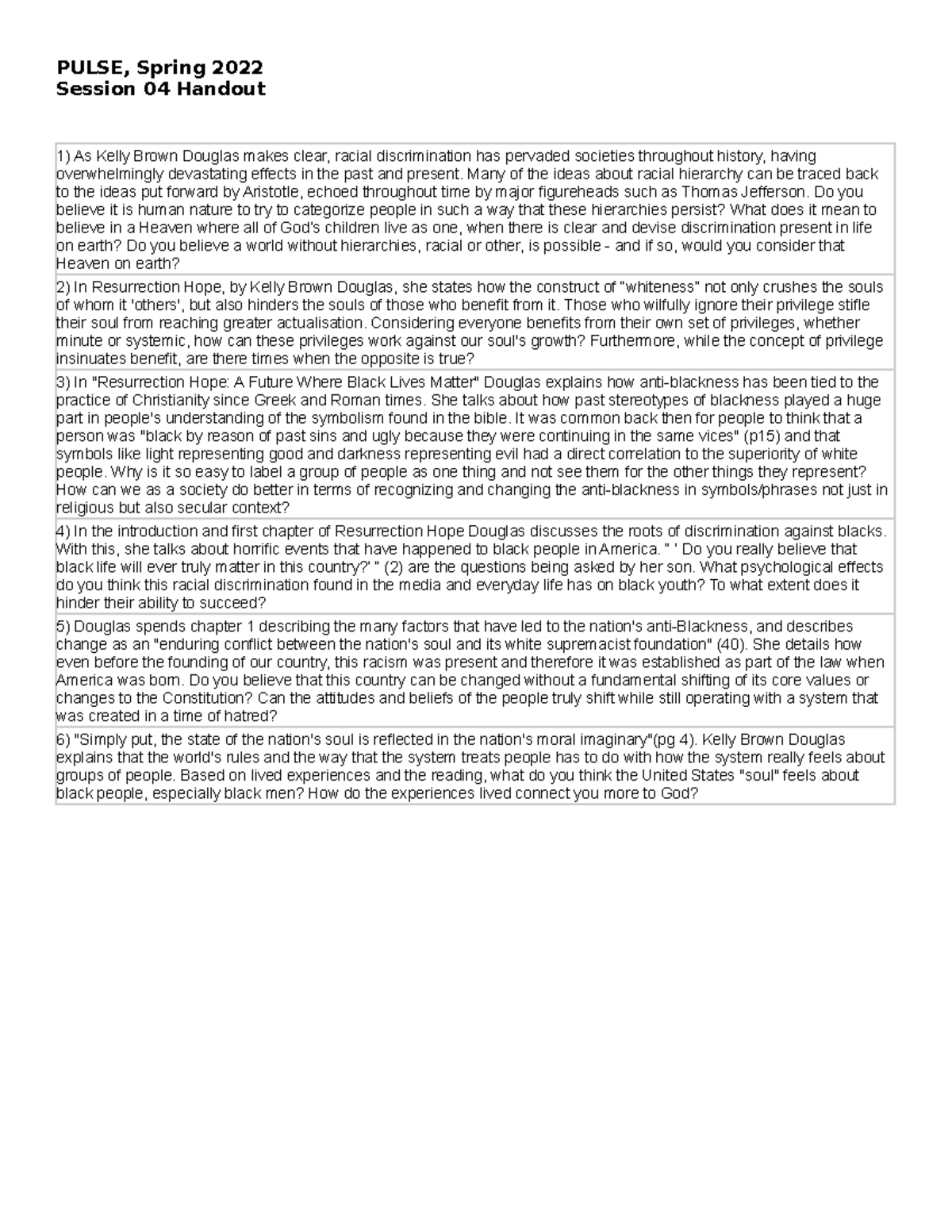 Pulse, Spring 2022 - Session 04 Handout - PULSE, Spring 2022 Session 04 ...