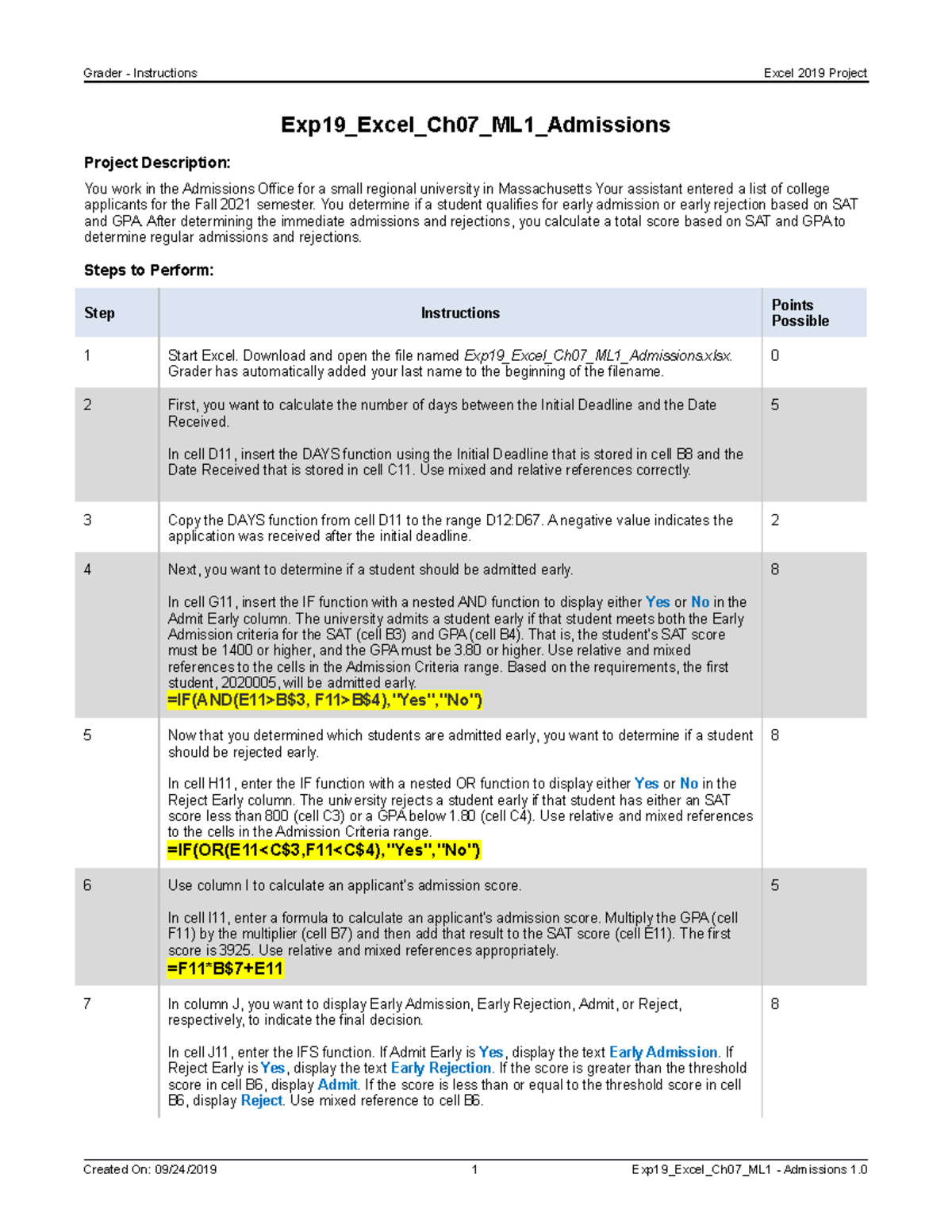 Exp19 Excel Ch07 ML1 Admissions Instructions - Grader - Instructions Excel 2019 Project - Studocu