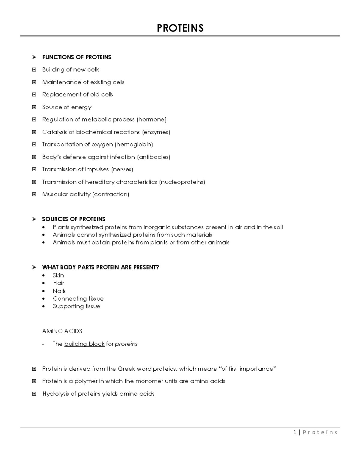 Proteins - Lecture notes 2 - PROTEINS FUNCTIONS OF PROTEINS Building of ...