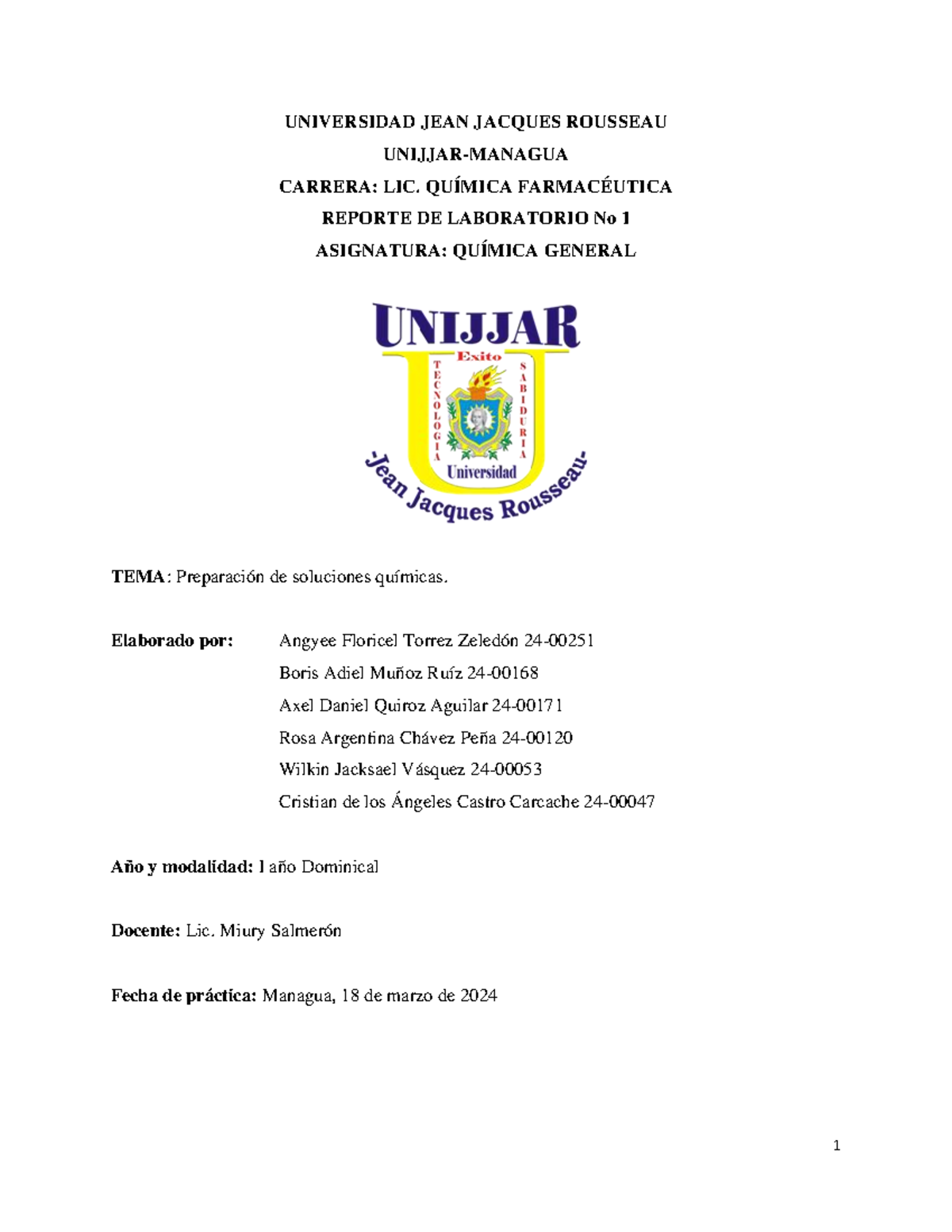 Informe DE Laboratorio #1 Química General - UNIVERSIDAD JEAN JACQUES ...