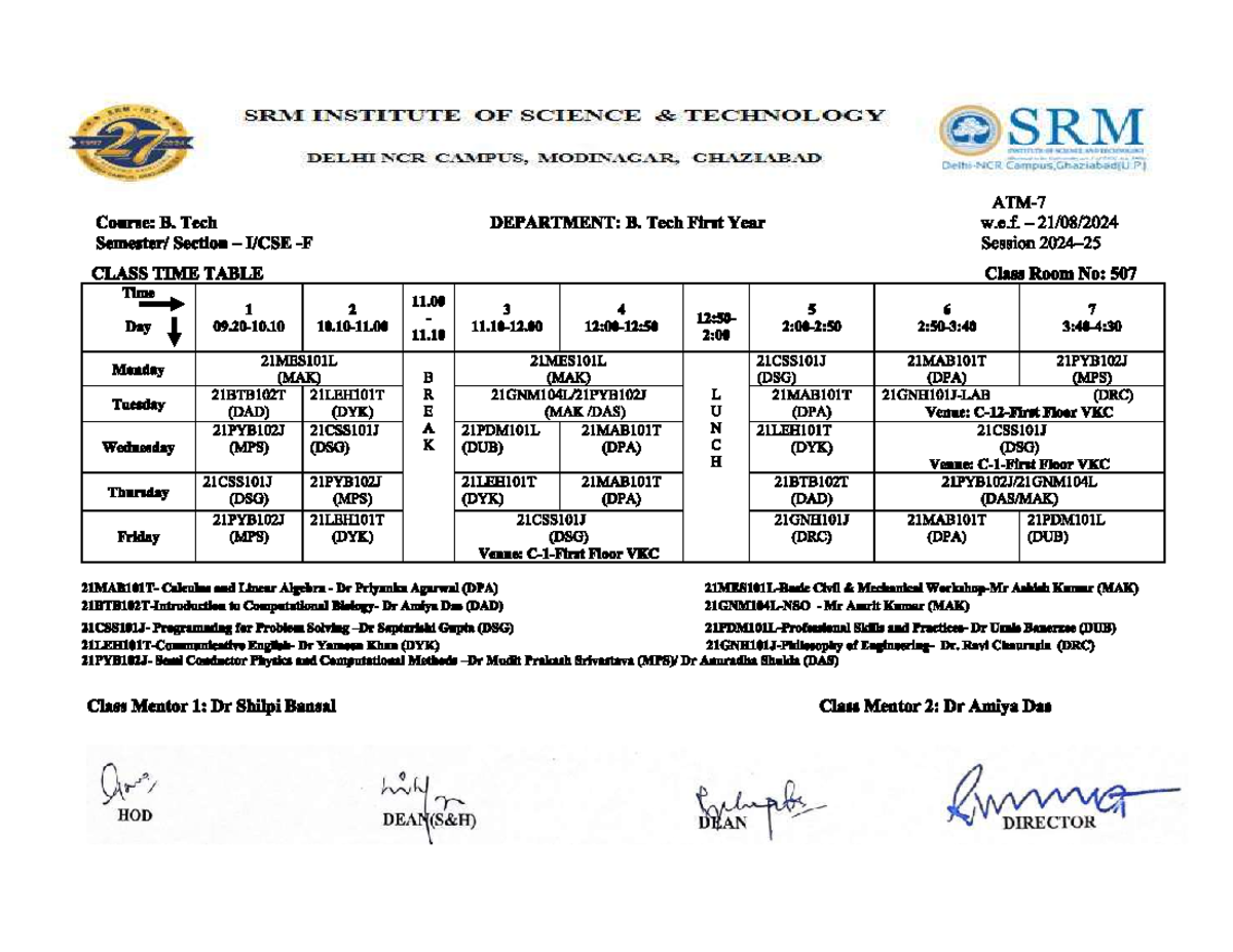 TIME Table - GOOD - SRM INSTIUTE OF SCIENCE TECHNOLOGY SRM 5997 ...