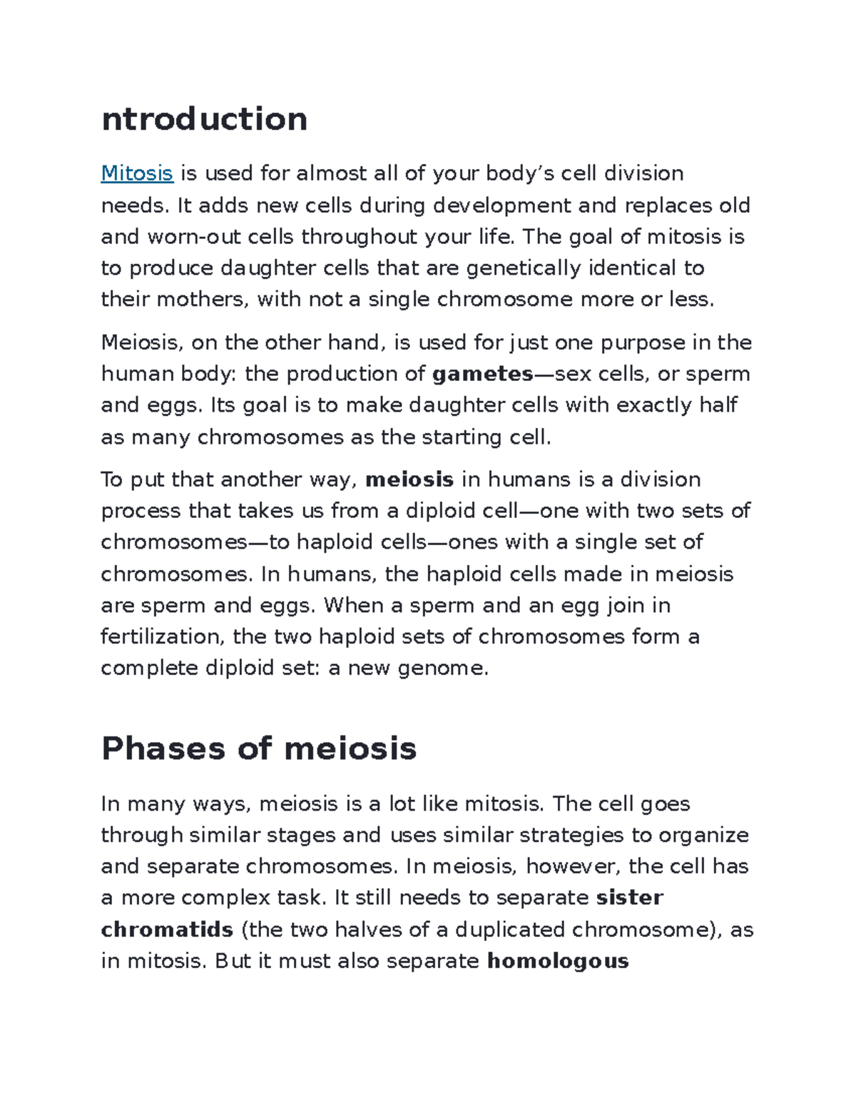 introduction to biology - ntroduction Mitosis is used for almost all of ...