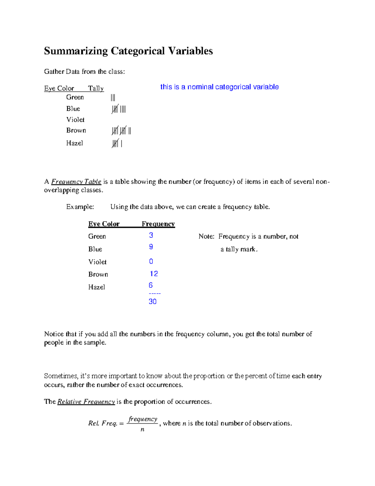 1105 Section 2.3 - Student + excel - Summarizing Categorical Variables Gather Data from the ...
