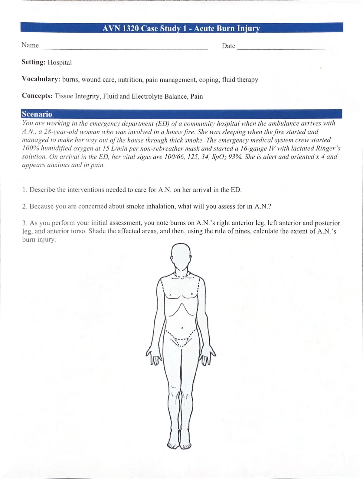 AVN 1320 case study 1 Acute Burn Injury - NUR 1400 - Studocu