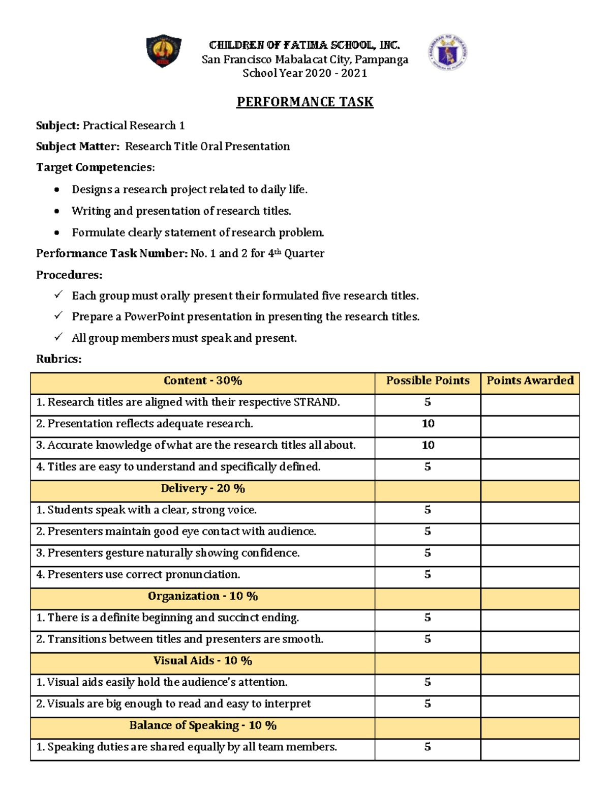 1st-PETA-FORM-IN-PR1-4TH- Quarter - CHILDREN OF FATIMA SCHOOL, INC. San ...