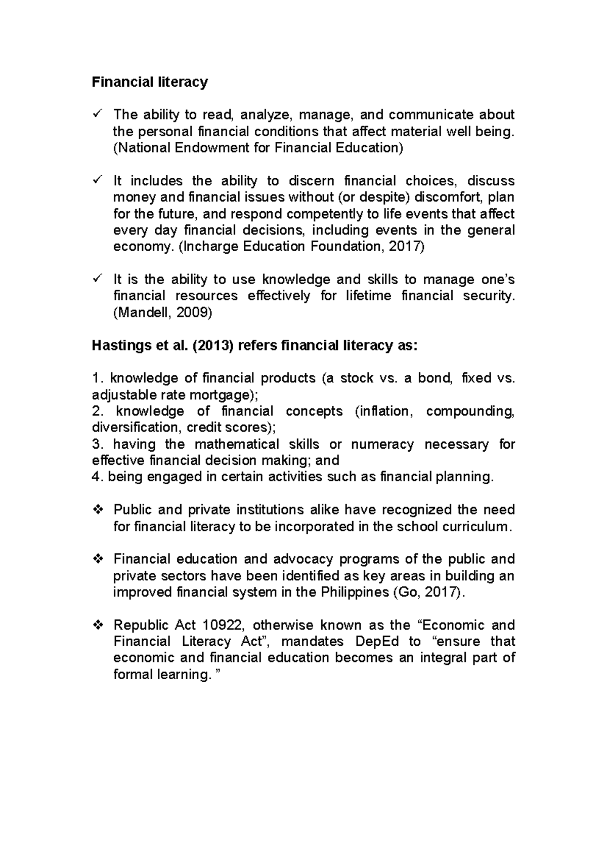 Financial literacy Lecture Notes - Financial literacy The ability to ...