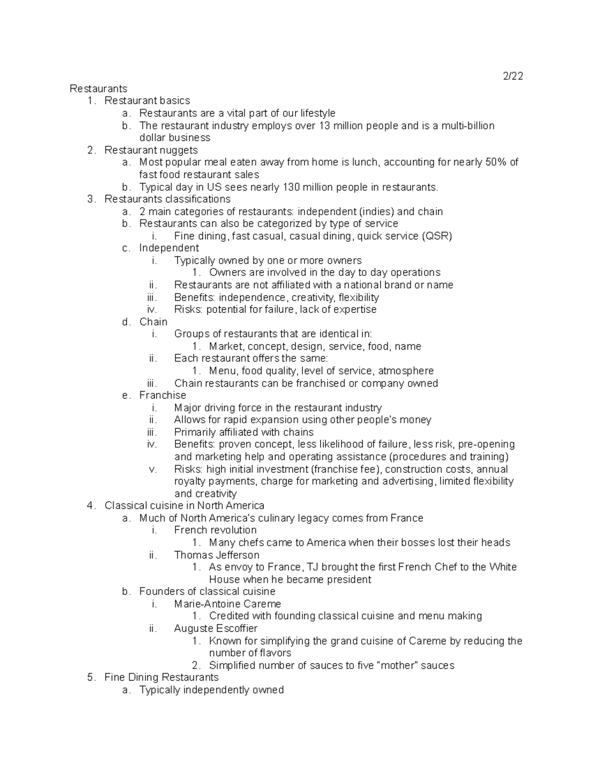 Exam 2 - class notes for exam 2; Lincoln Marshall - 2/22 Restaurants 1 ...
