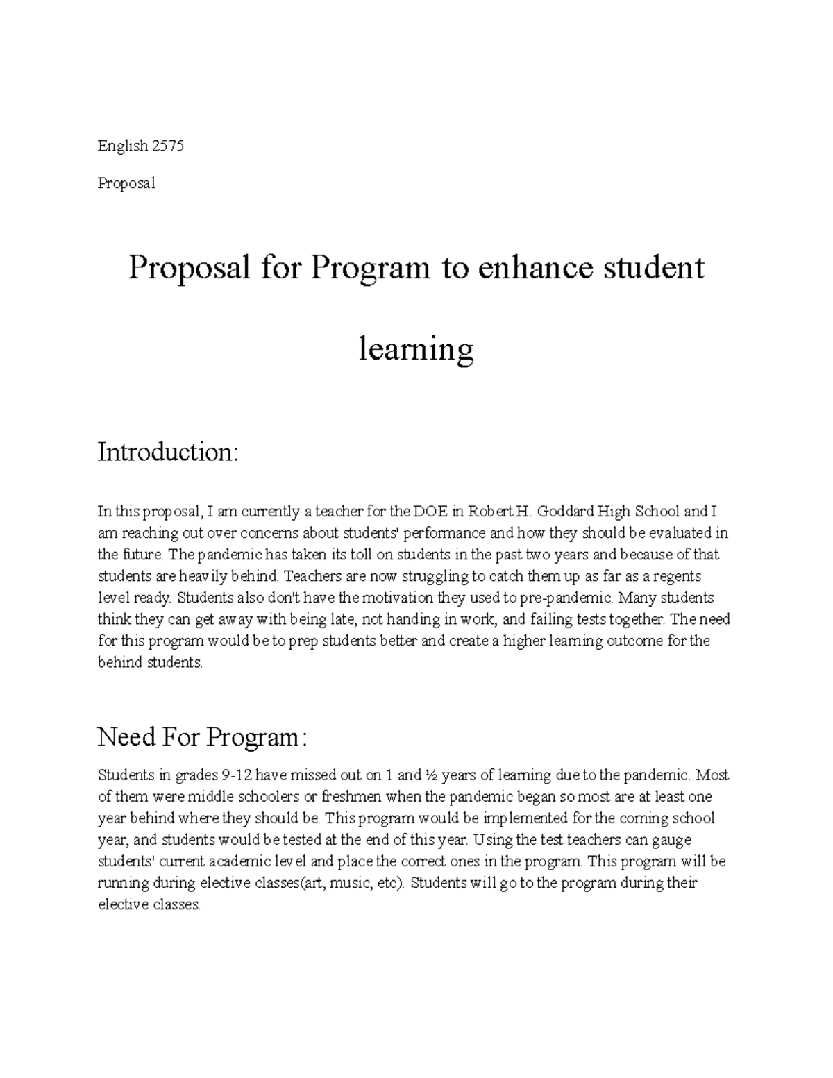 Proposal - English 2575 Proposal Proposal for Program to enhance ...