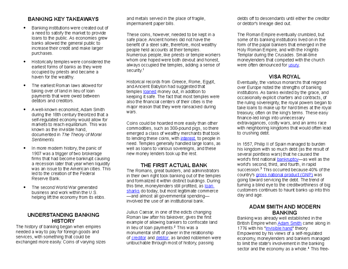 Banking KEY Takeaways - Lecture notes 1 - BANKING KEY TAKEAWAYS Banking ...