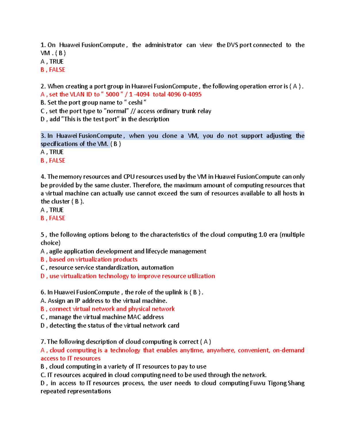 QST - Cloud Computing - On Huawei FusionCompute , the administrator can ...