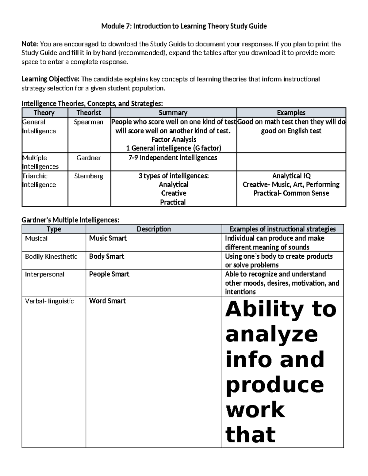 Module 7: Introduction to Learning Theory Study Guide - If you plan to ...