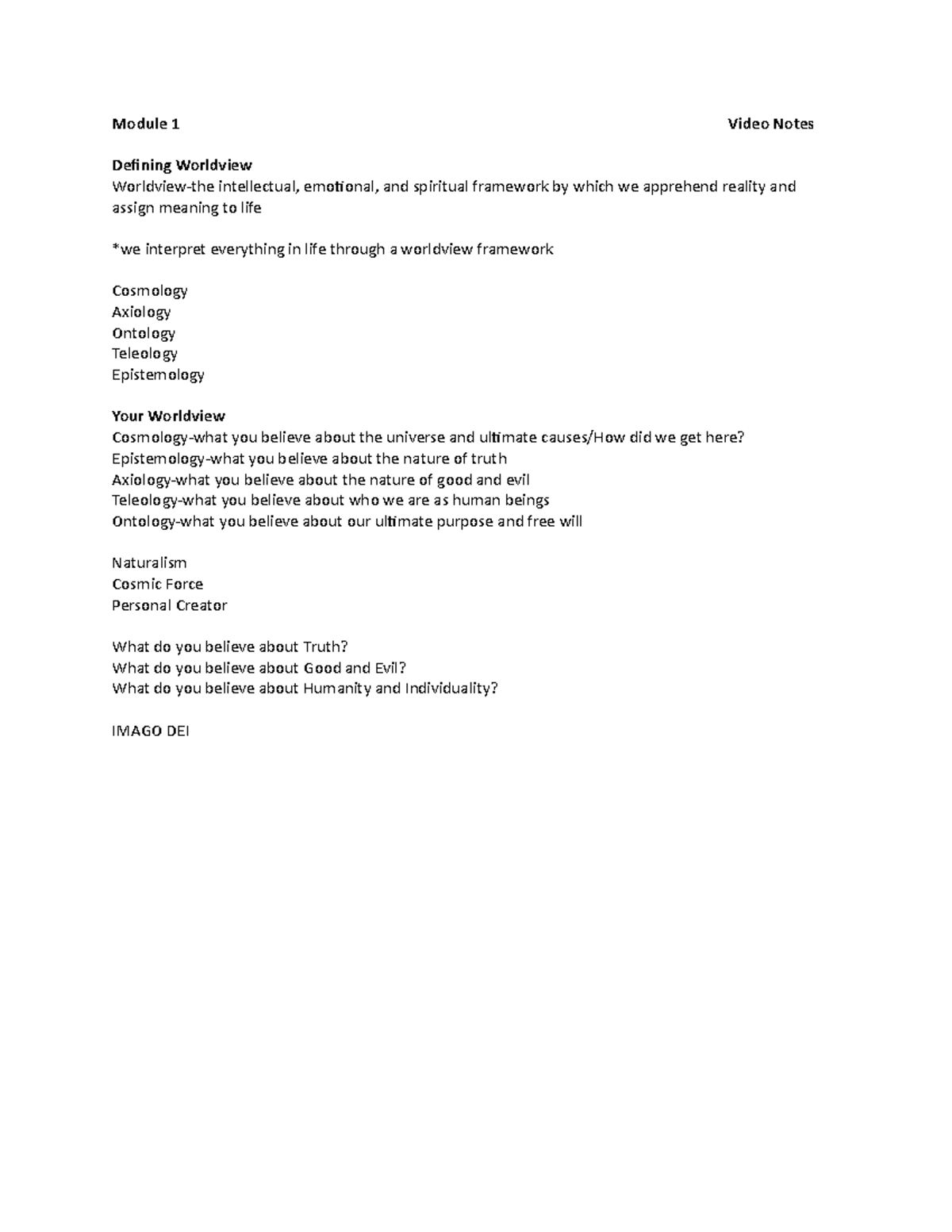 Module 1 Video Notes - Module 1 Video Notes Defining Worldview ...