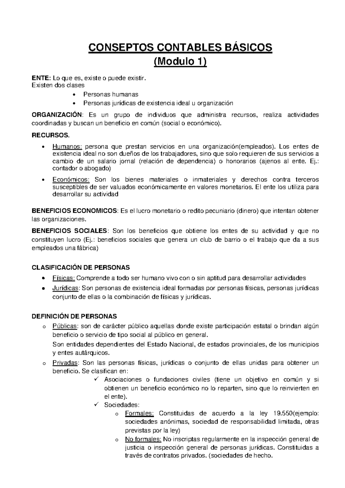 Resumen contabilidad - CONSEPTOS CONTABLES BÁSICOS (Modulo 1) ENTE: Lo ...