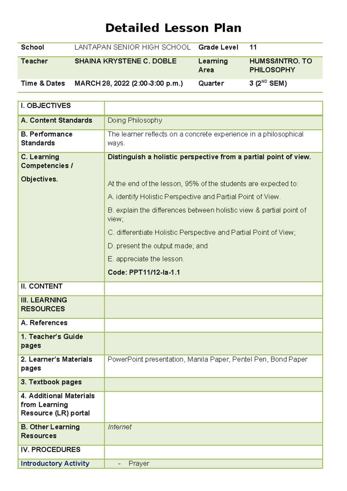 Intro. TO Philo DLP - Lesson Plan - Detailed Lesson Plan School ...