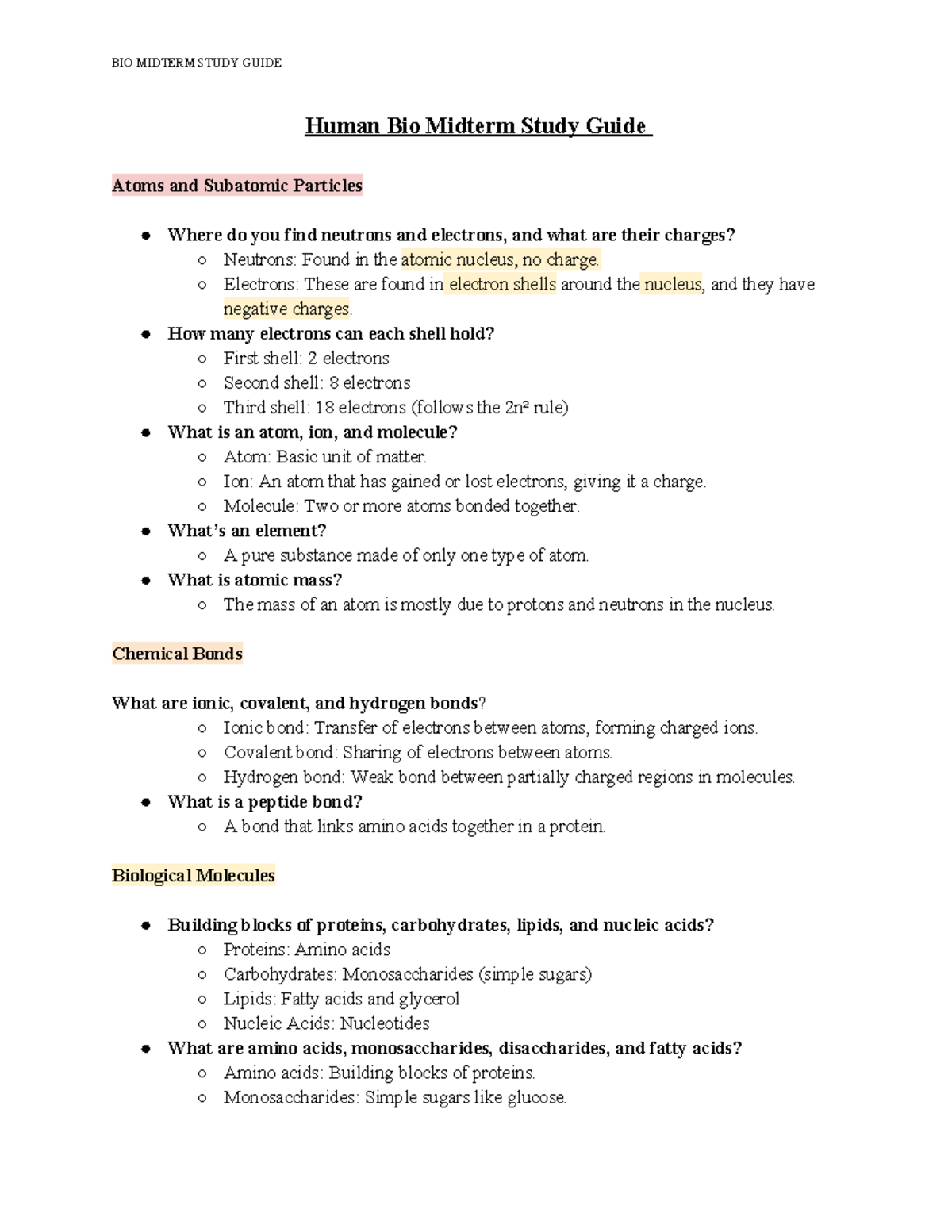 Bio Study Guide - Human Bio Midterm Study Guide Atoms and Subatomic ...