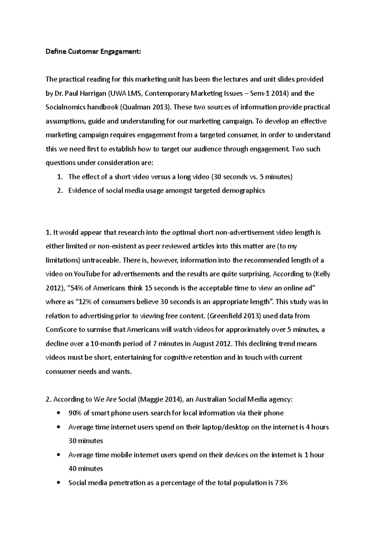 Seminar assignments - Profectus assignment - Define Customer Engagement ...