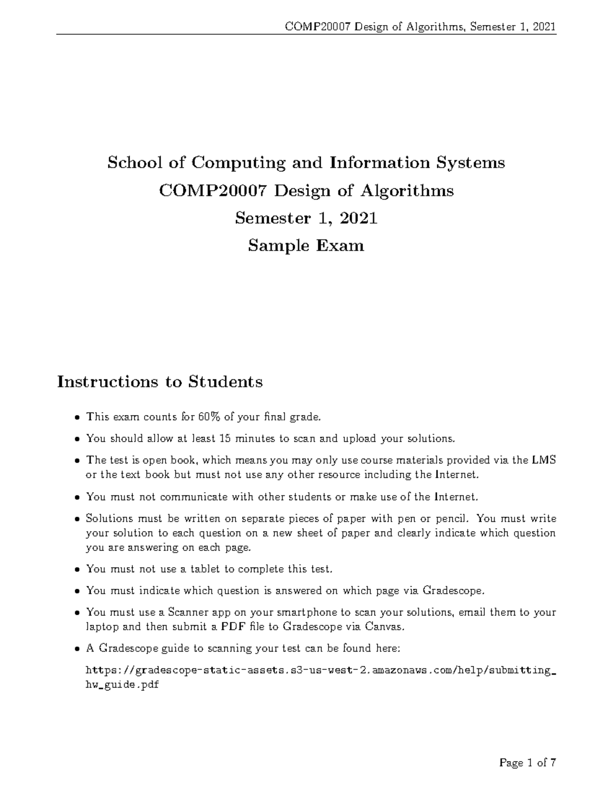 Design of Algorithms Sample Exam - Studocu