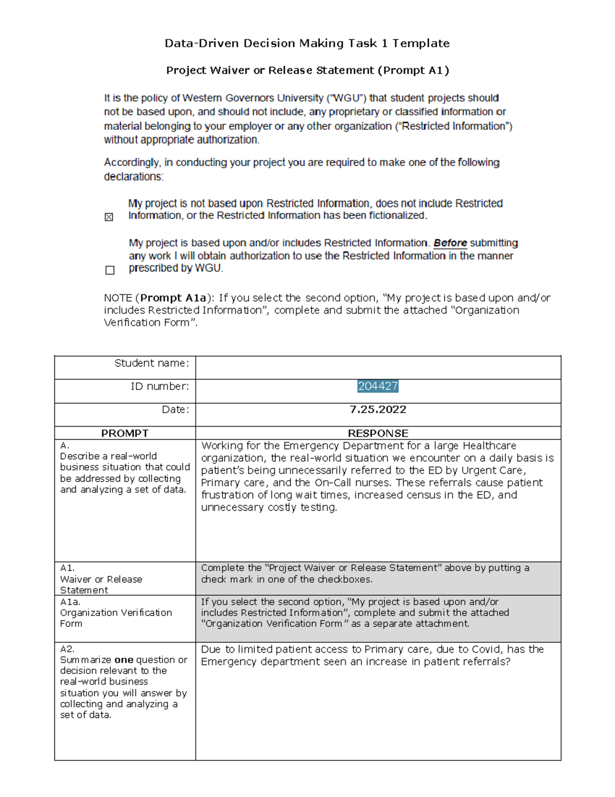 Task 1 Template - Project Waiver of Release - Data-Driven Decision Making Task 1 Template ...