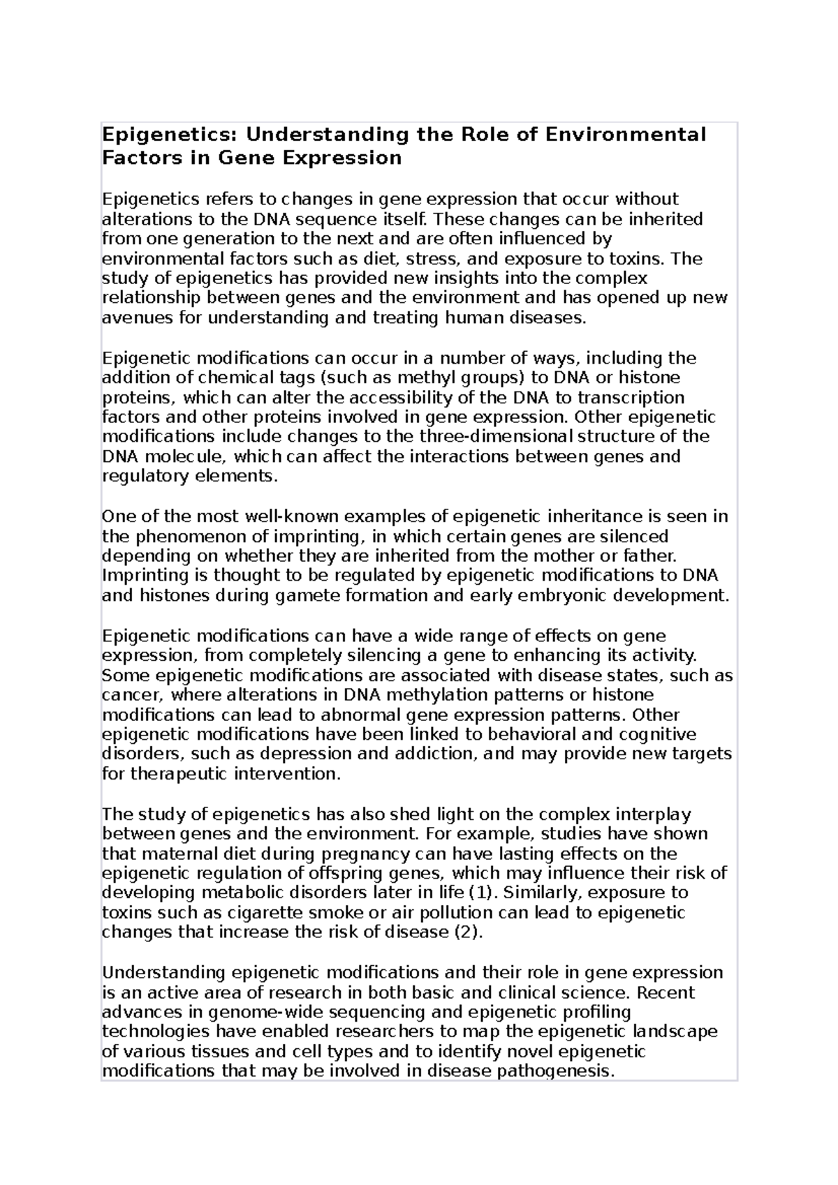 Epigenetics- Understanding the Role of Environmental Factors in Gene ...