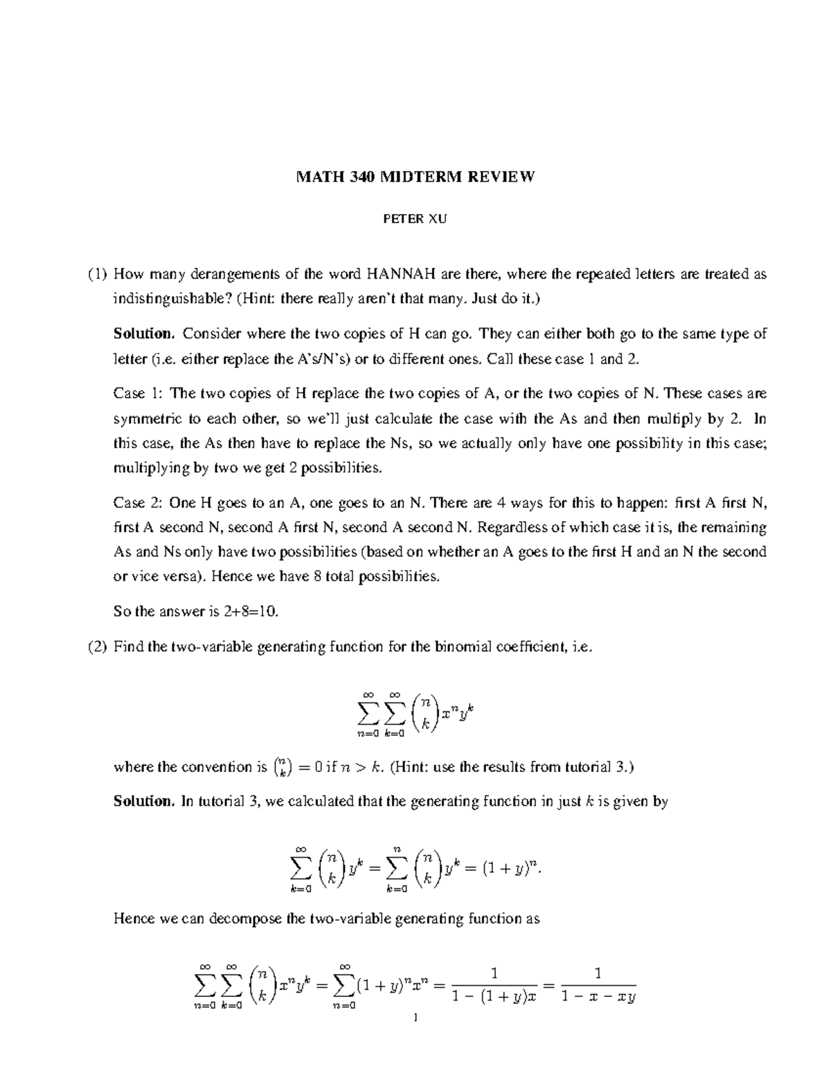 Psmt sol - tut mid - MATH 340 MIDTERM REVIEW PETER XU (1) How many ...