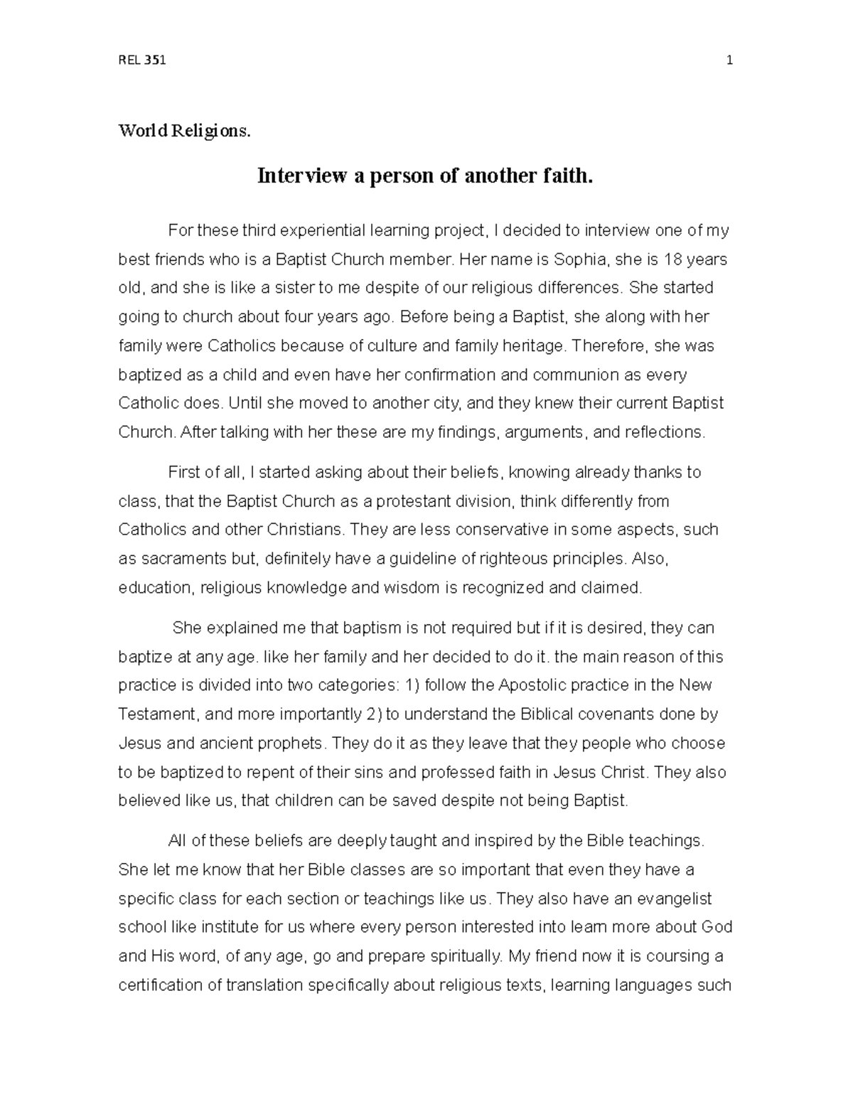 Experiential Learning Project No - REL 3511 World Religions. Interview ...