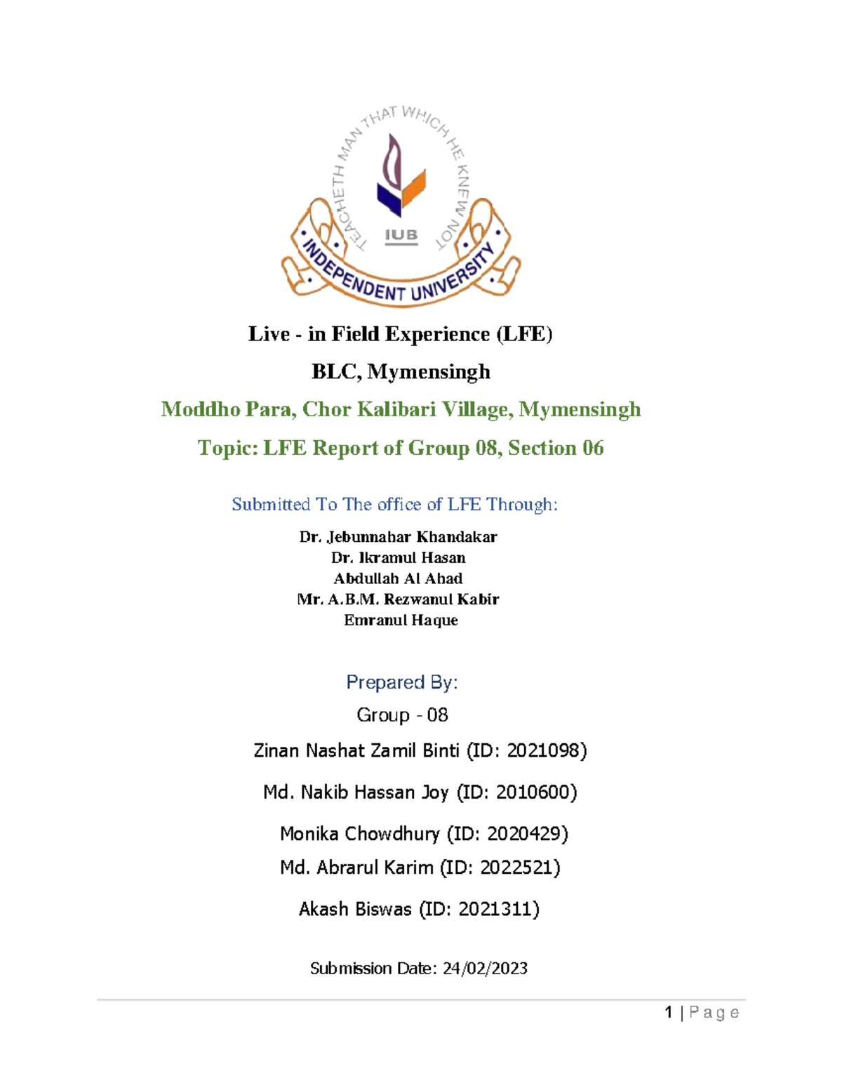 BLC Mymensingh Section 06 Goup 08 LFE Final Report - Live - in Field Experience (LFE) BLC, - Studocu