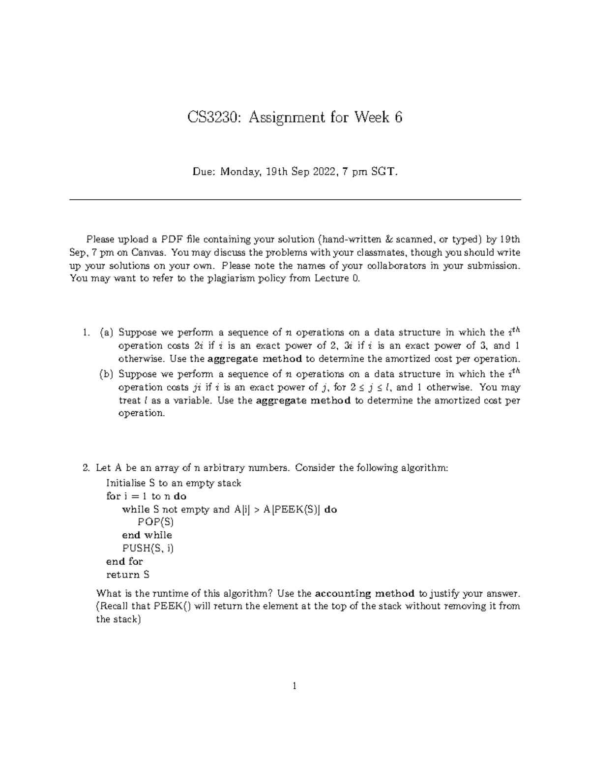 Week6 - CS3230: Assignment for Week 6 Due: Monday, 19th Sep 2022, 7 pm SGT. Please upload a PDF ...