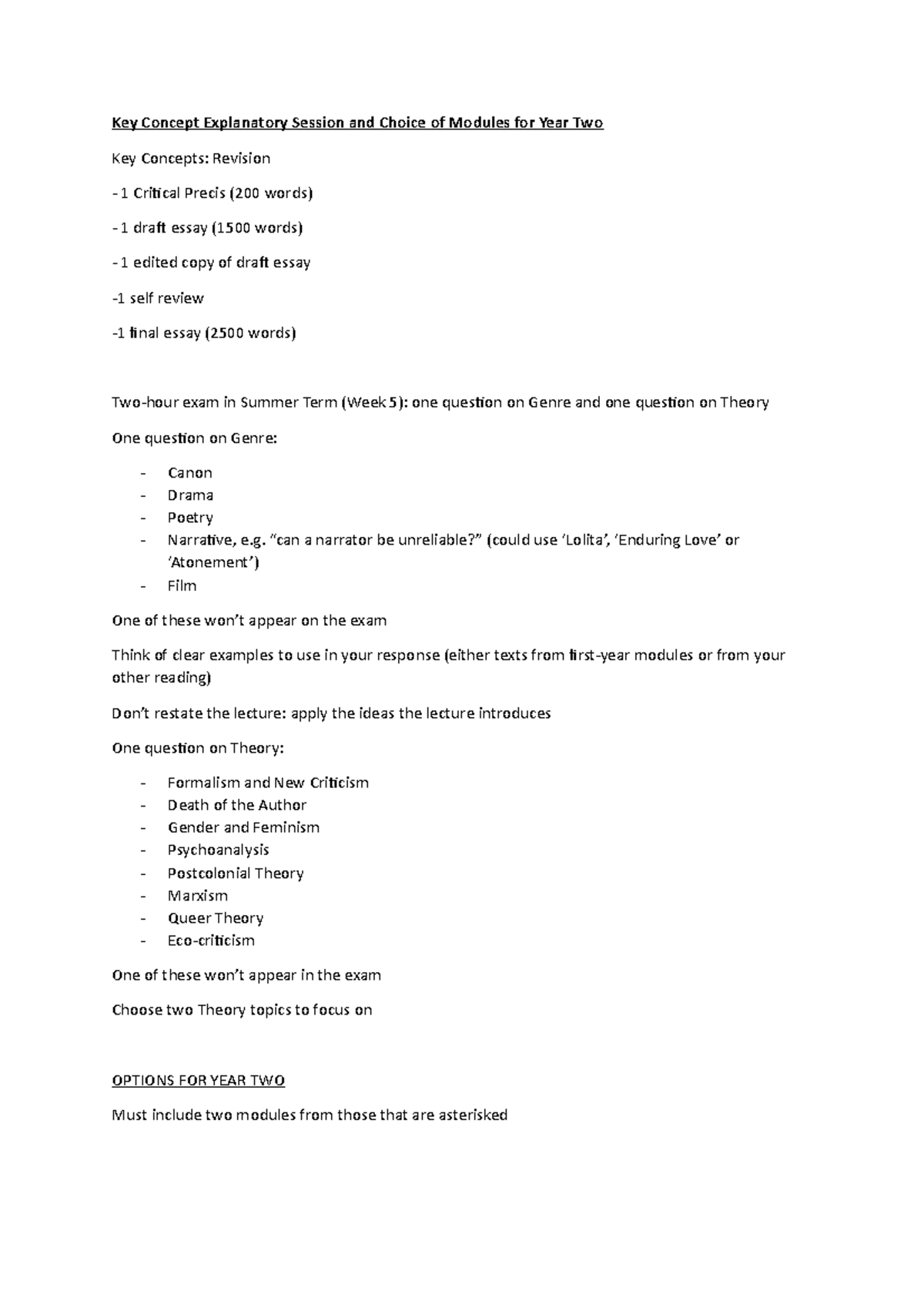 Key Concept Explanatory Session and Choice of Modules for Year Two ...