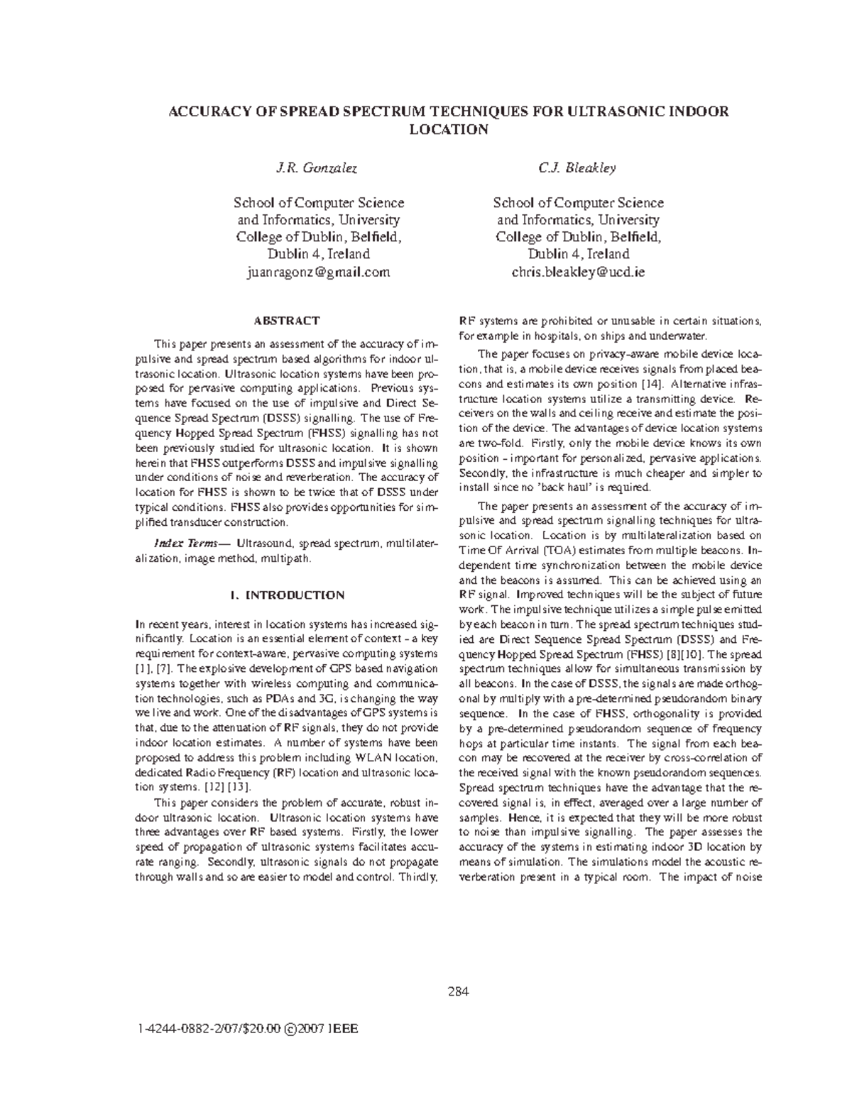 Accuracy Of Spread Spectrum Techniques For Ultrasonic Indoor Location Accuracy Of Spread