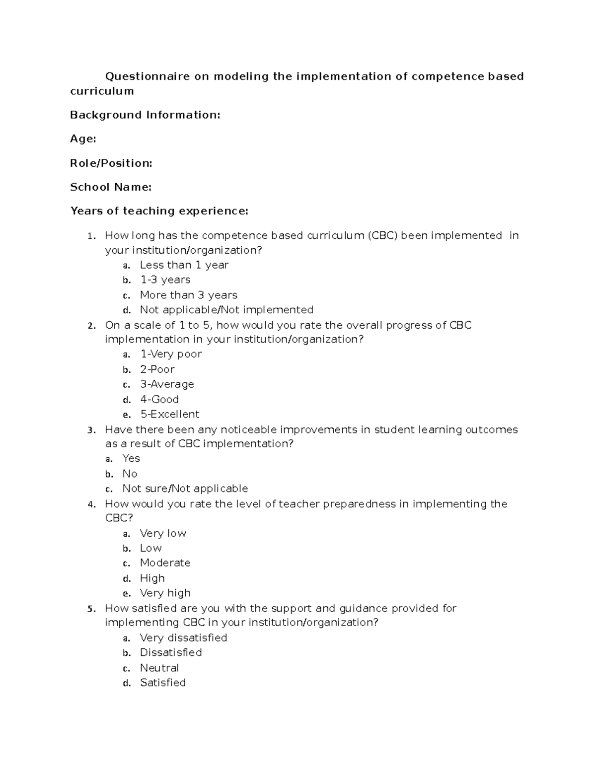 Questionnaire on modeling the implementation of competence based ...