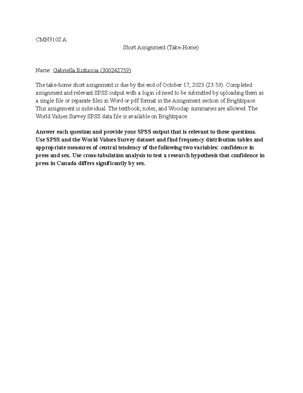 Short Assignment- Gabby Ristuccia - CMN3102 A Short Assignment (Take ...