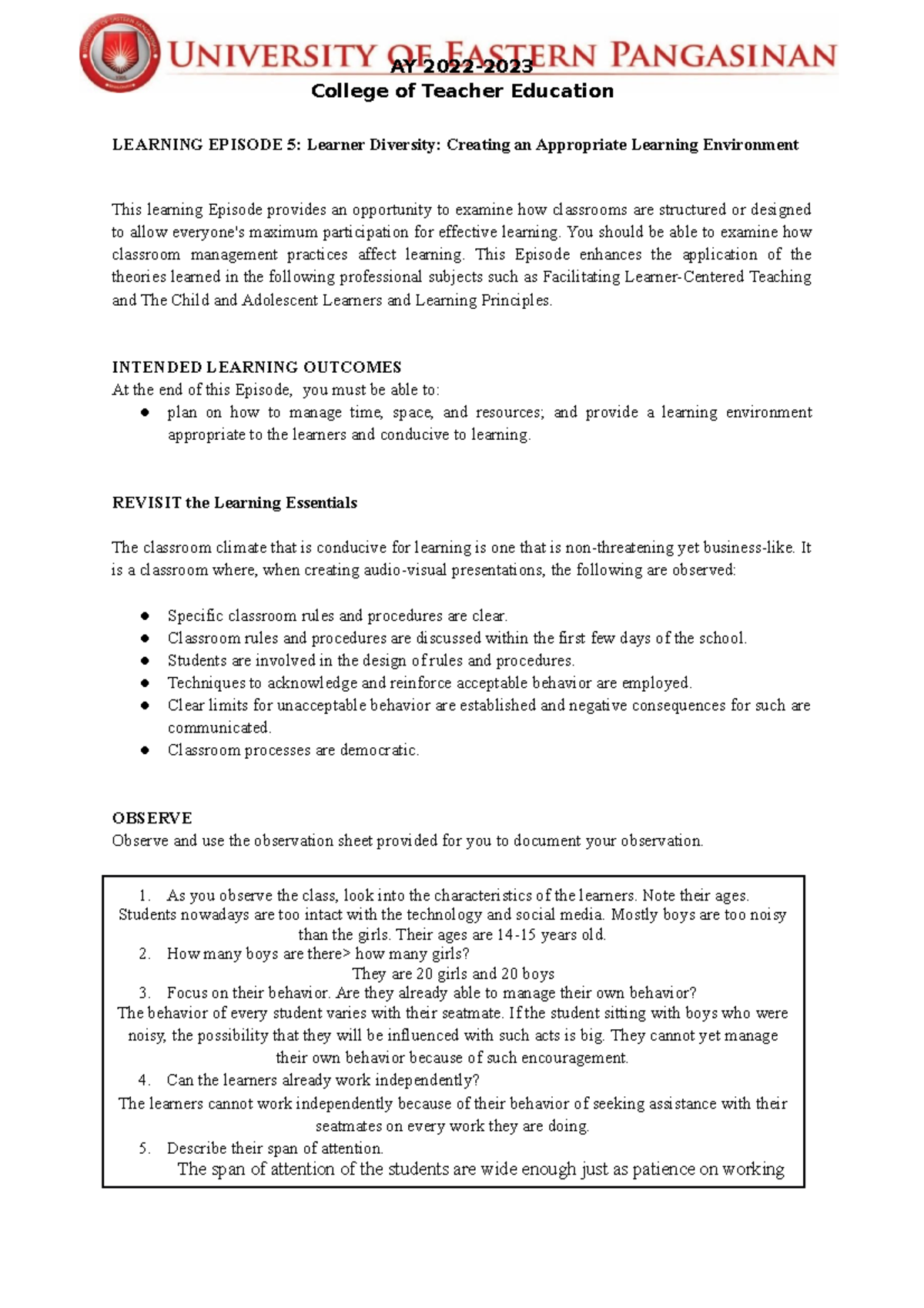 Learning Episode 5 - qwertyj - College of Teacher Education LEARNING ...