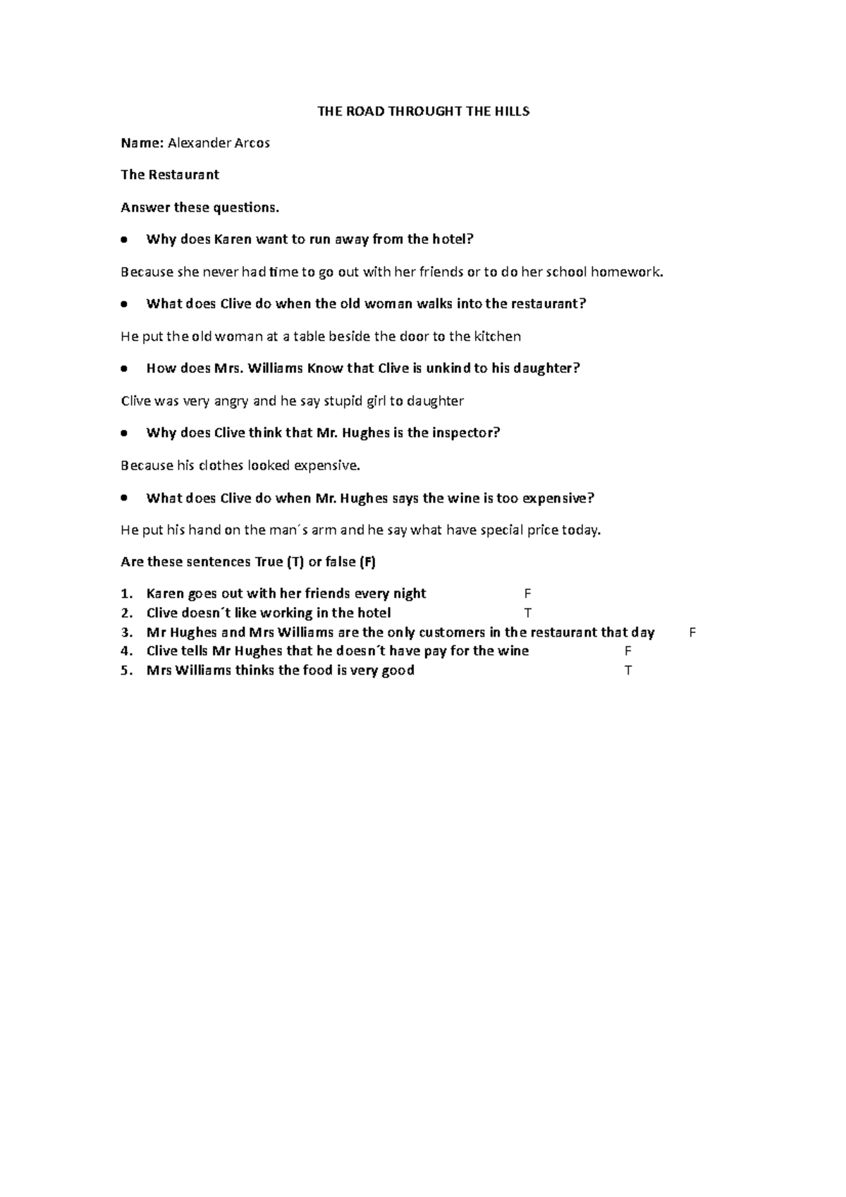 382990895-The-Restaurant - THE ROAD THROUGHT THE HILLS Name: Alexander ...