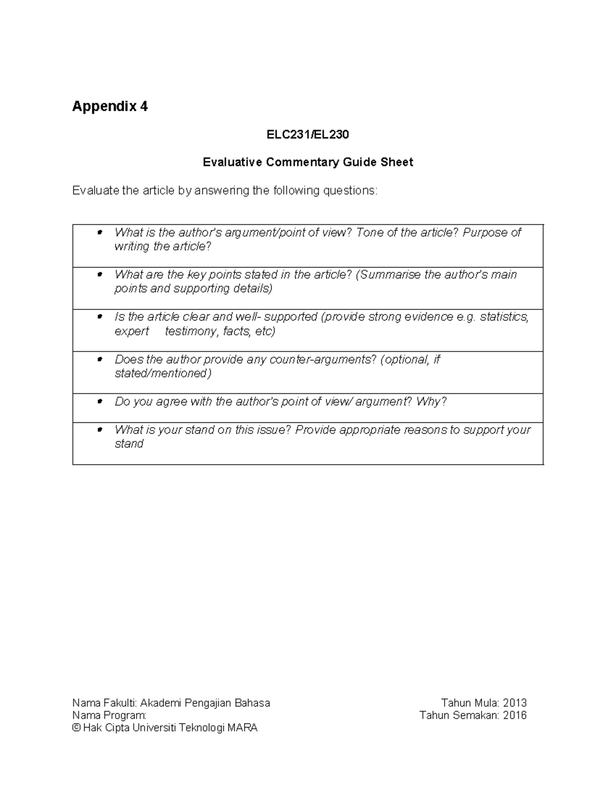 ELC231 Evaluative Commentary Guide Sheet Appendix 6 updated - Appendix 4 ELC231/EL Evaluative ...