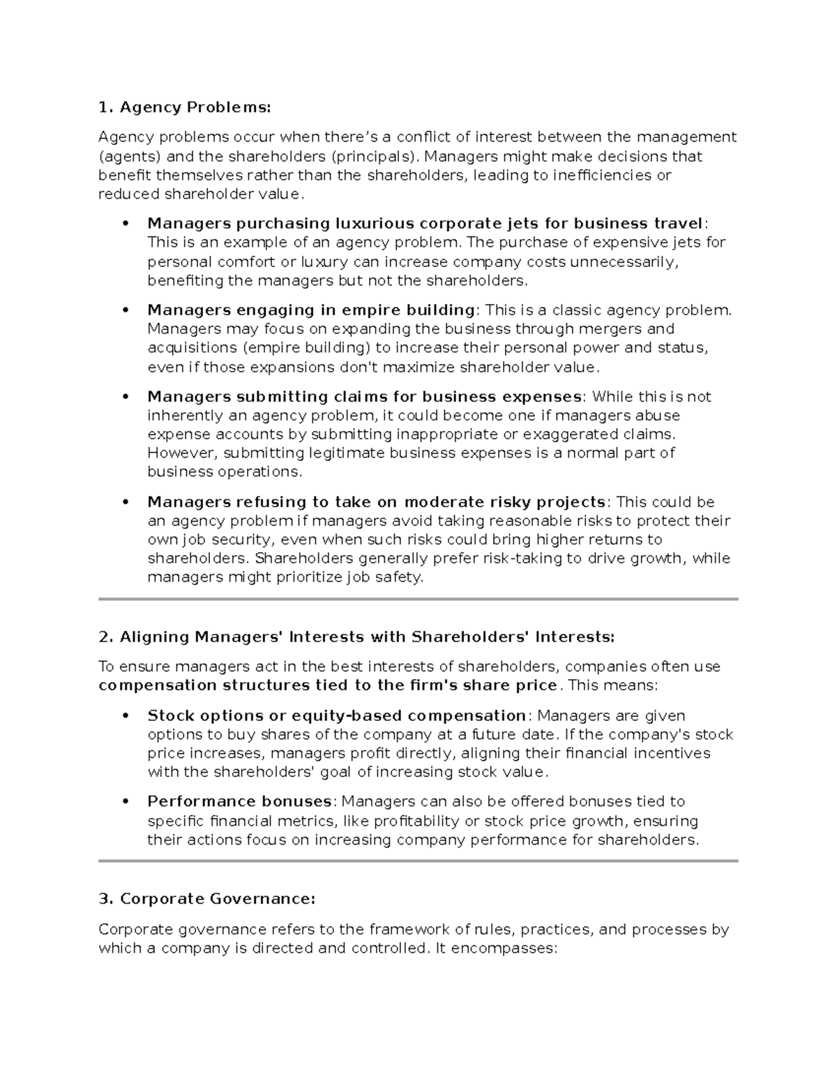 Chapter 1 Notes - 1. Agency Problems: Agency problems occur when there ...