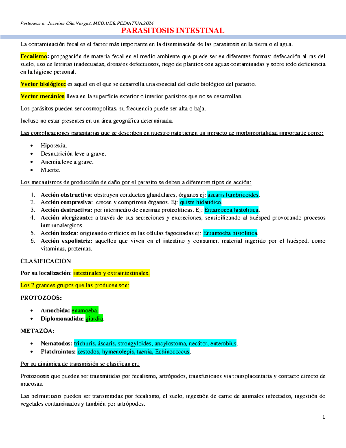 Pediatria Parasitosis apuntes 2024 - PARASITOSIS INTESTINAL La ...
