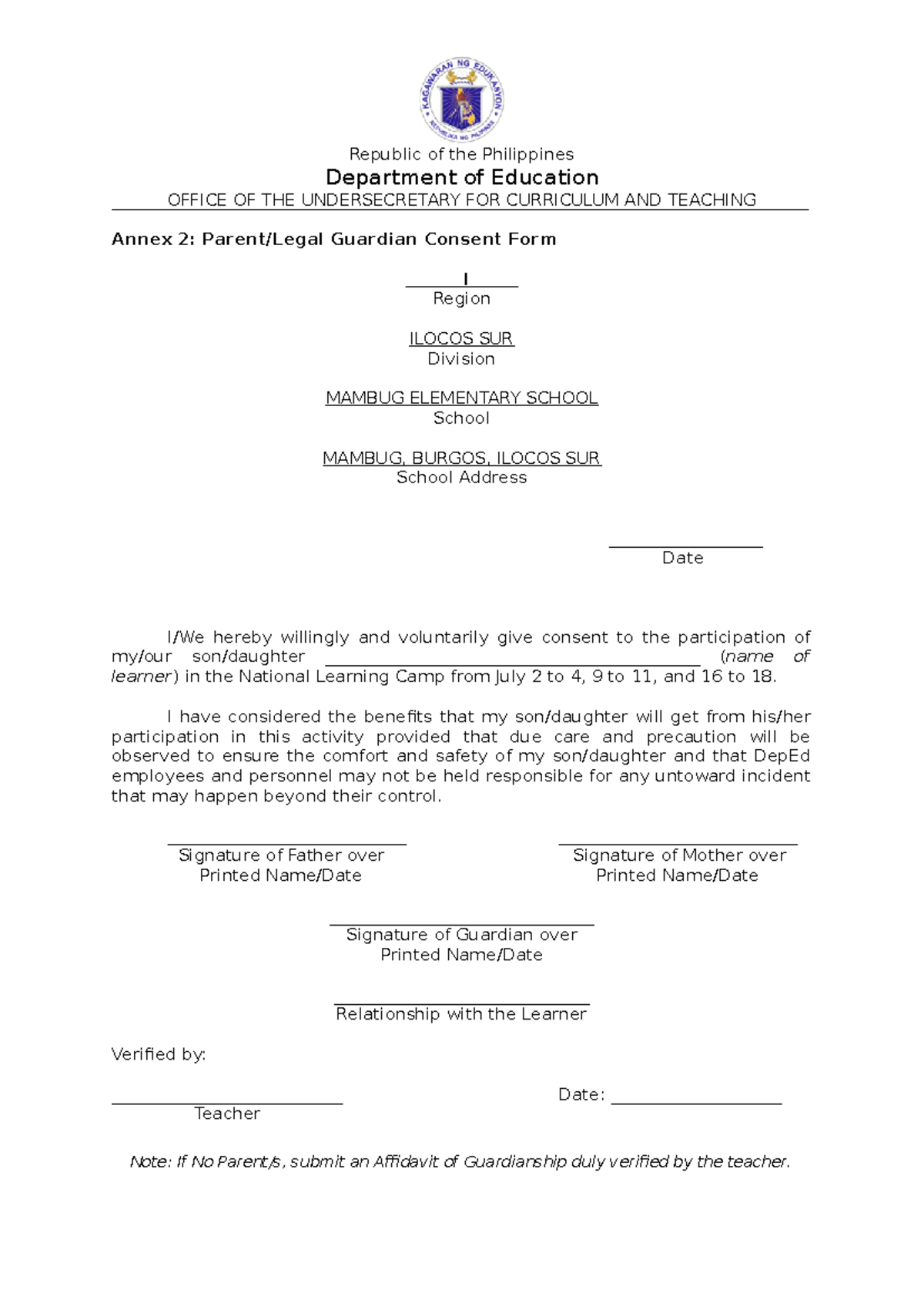 NLC Parental Consent Form - Republic of the Philippines Department of ...