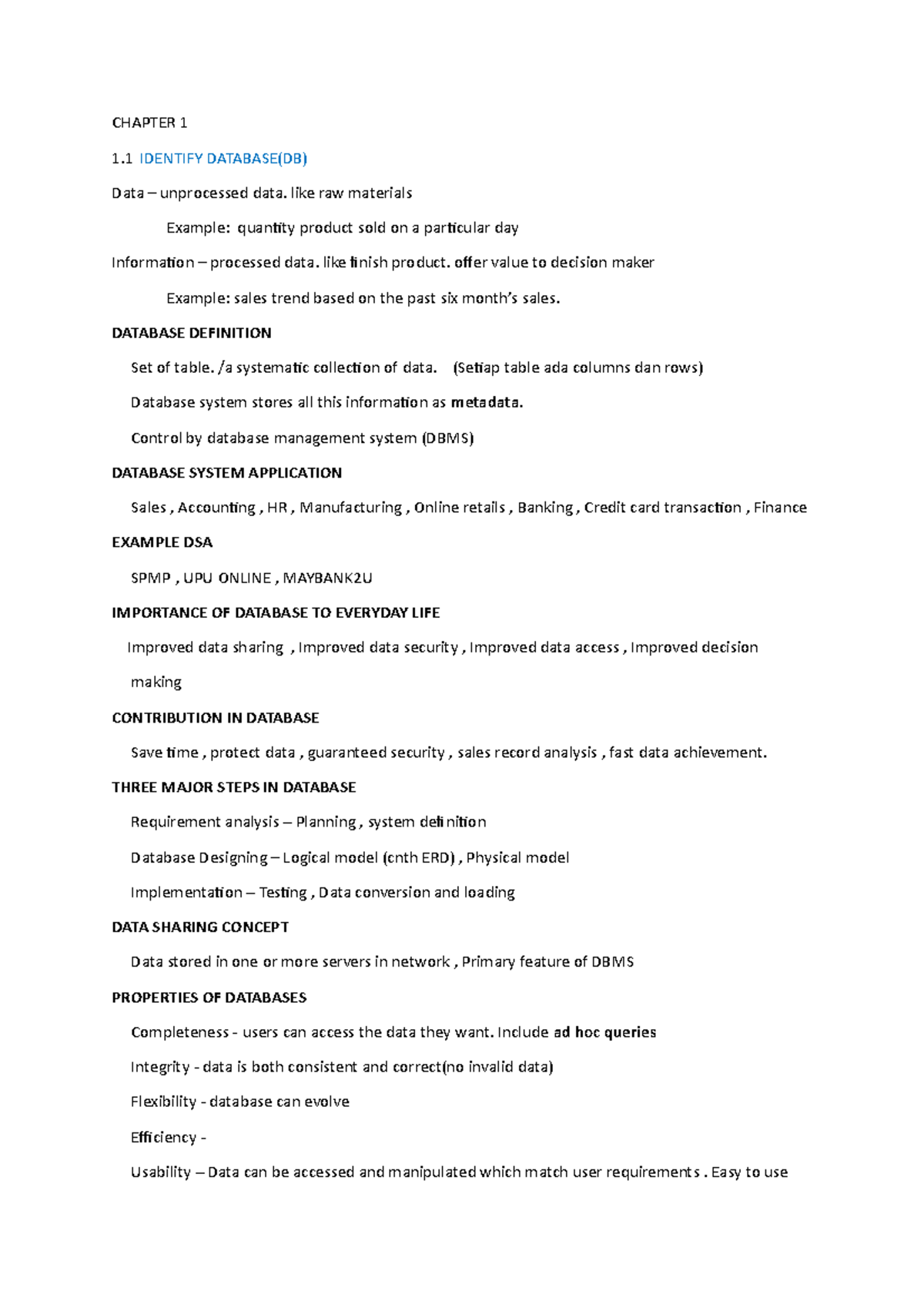 Database - NOTE FOR CHAPTER 1 . 1.1 , 1.2 , 1.3 - CHAPTER 1 1 IDENTIFY ...