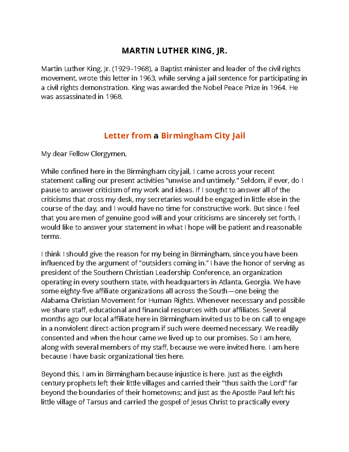 Letter from Birmingham City Jail - MARTIN LUTHER KING, JR. Martin ...