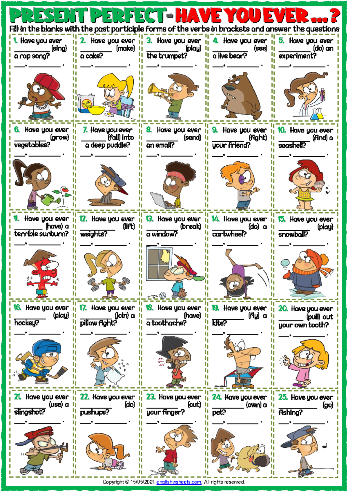 Present perfect tense have you ever questions esl exercise worksheet ...