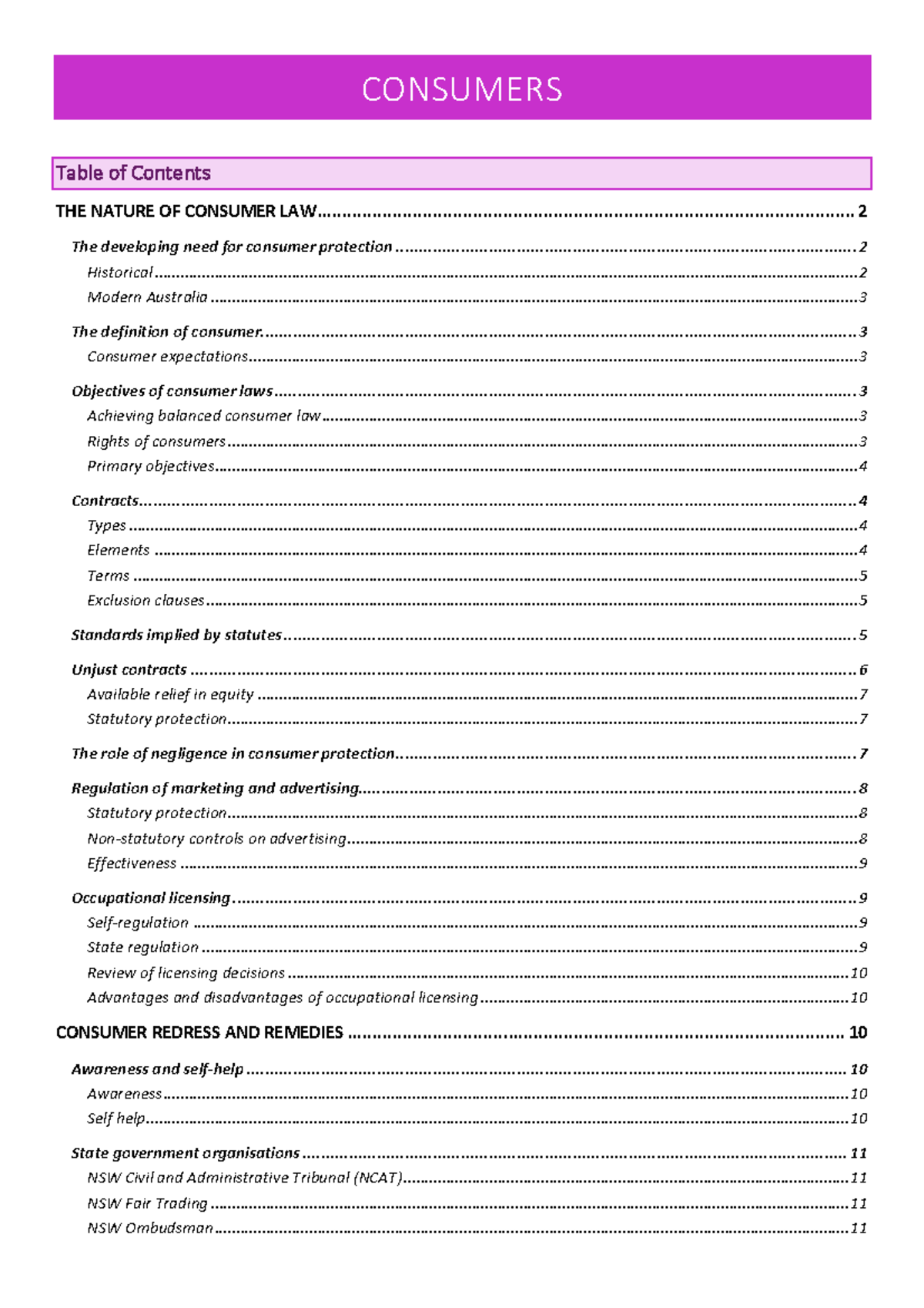 Consumers - CONSUMERS THE NATURE OF CONSUMER LAW Table of Contents The ...