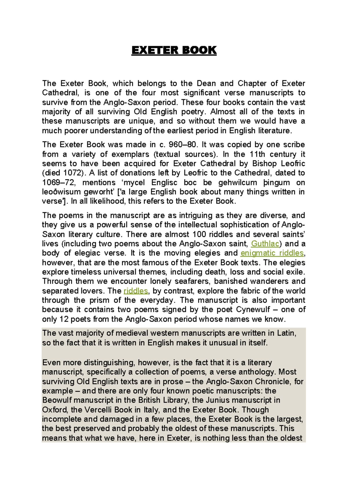 1.1 Exeter book and riddles - EXETER BOOK The Exeter Book, which ...