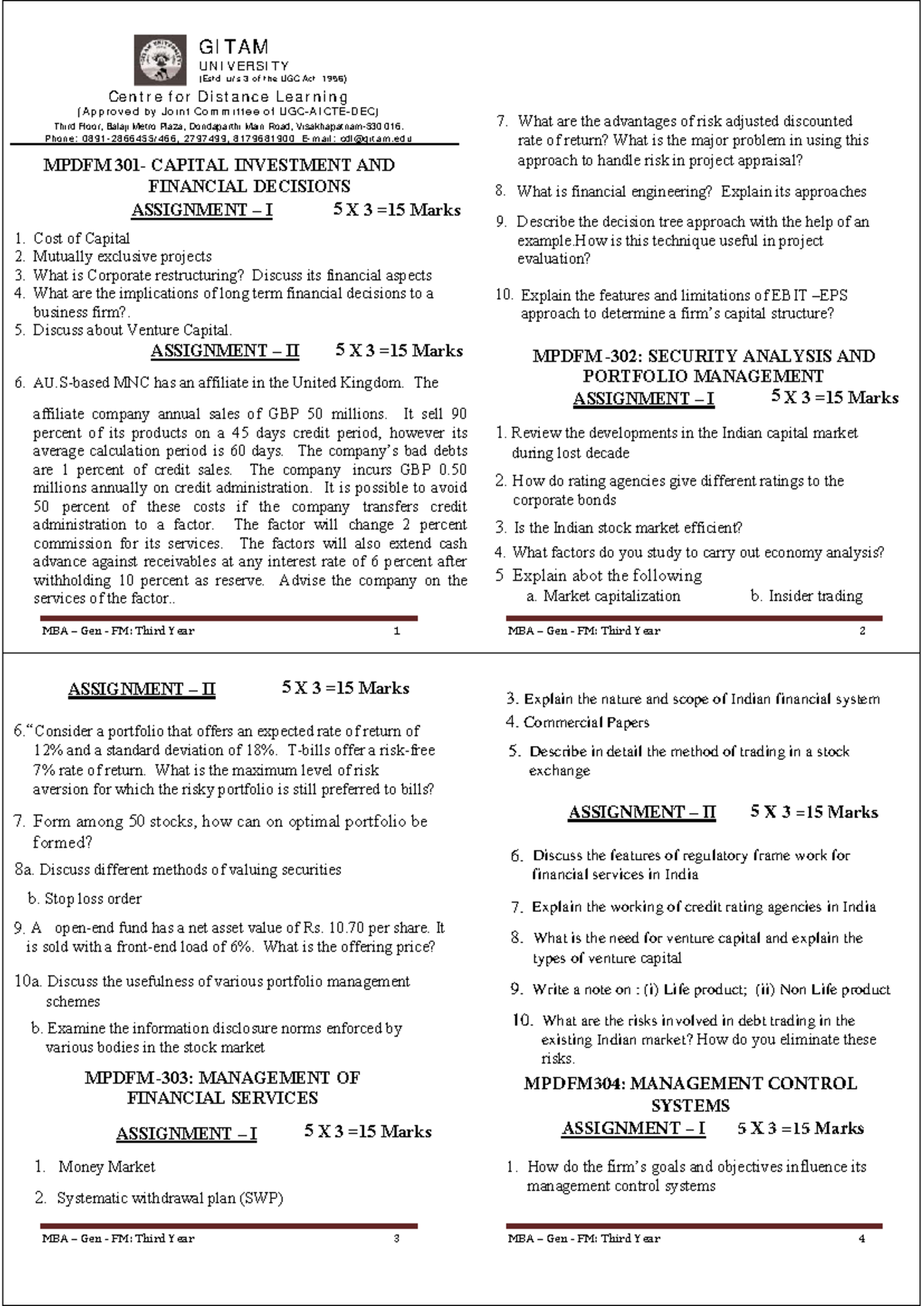 MBA - FM Third Year Assignments - MBA – Gen - FM: Third Year 1 GITAM ...