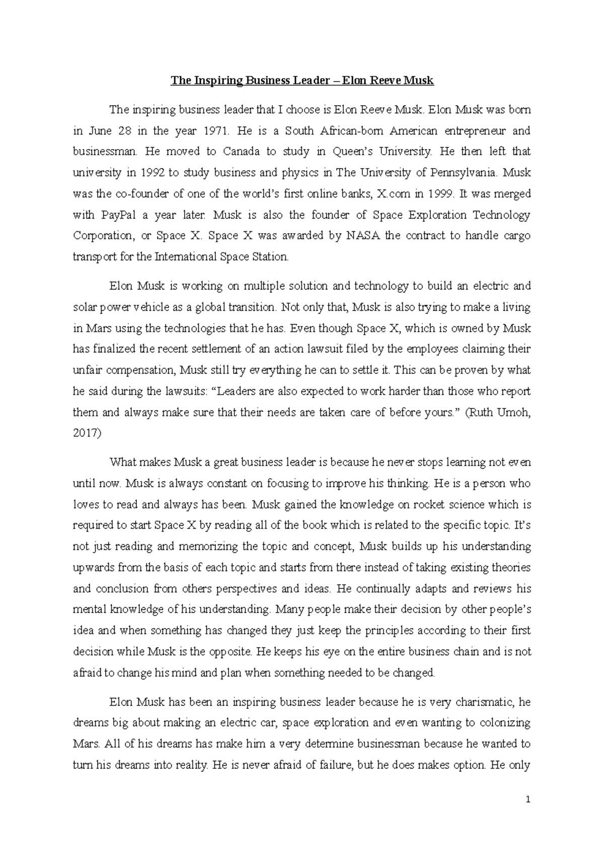 FULL - Elon Musk chosen to be written in this report as an inspiring ...