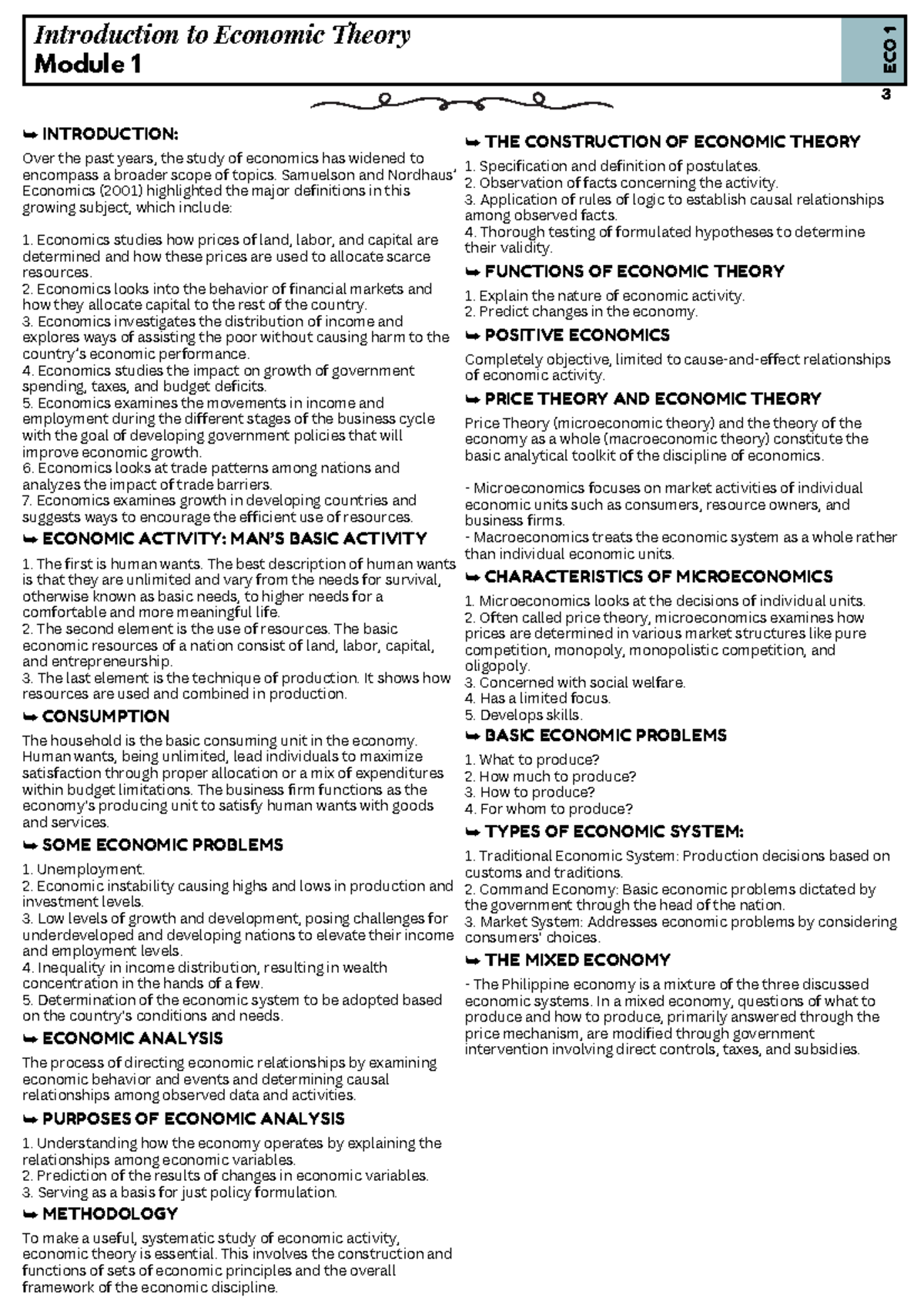 Notes (Economics) - Over the past years, the study of economics has ...